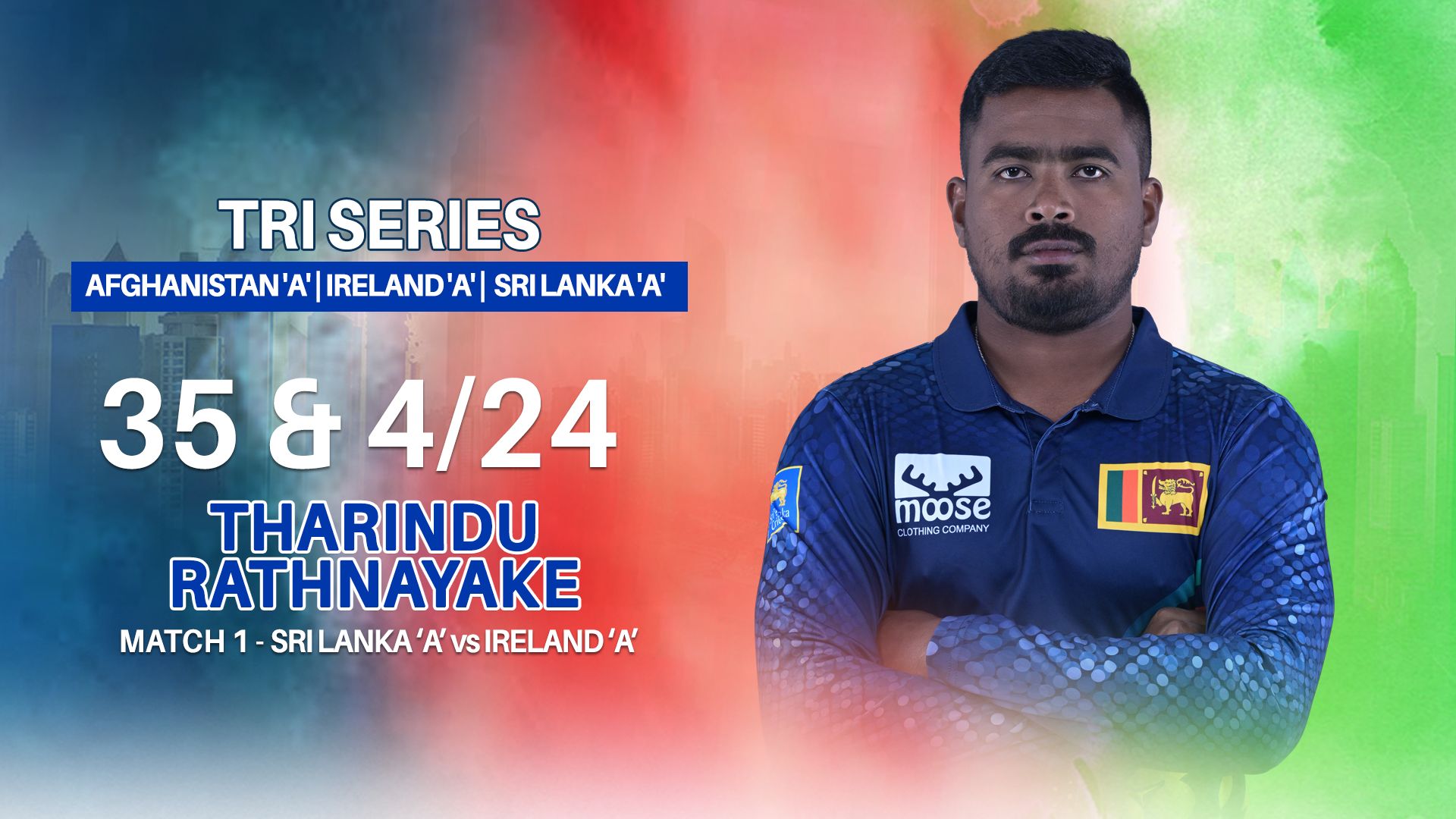 WATCH – Tharindu Rathnayake 35 & 4/24 vs Ireland ‘A’ - One Day Tri-Series 2025 – Match 1